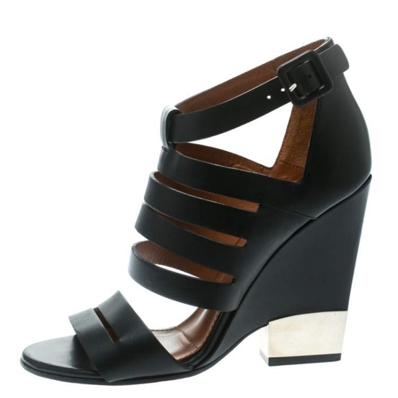 Givenchy | Shoes | Givenchy Black Leather Wrapped Wedge Strappy Gladiator Heels Metal Cap Heel ...